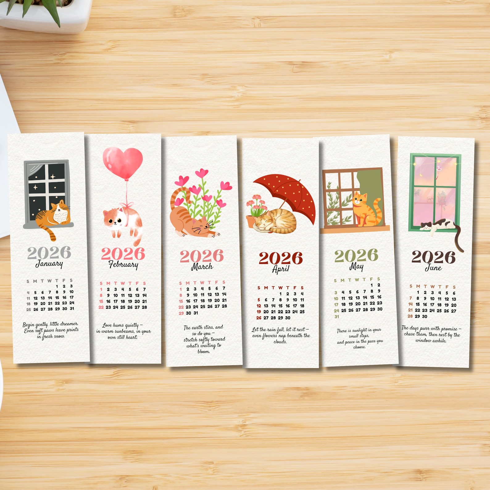 Cozy Cat Calendar Bookmark, Printable Bookmarks, Digital Bookmarks ...