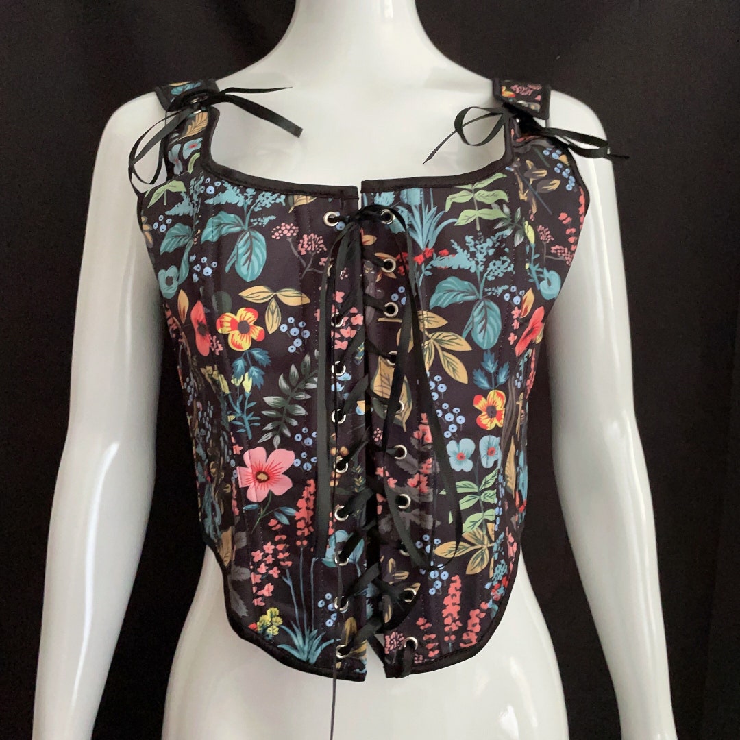 Black Leaf Print Corset, Bodice, Cottagecore Corset, French Vintage ...