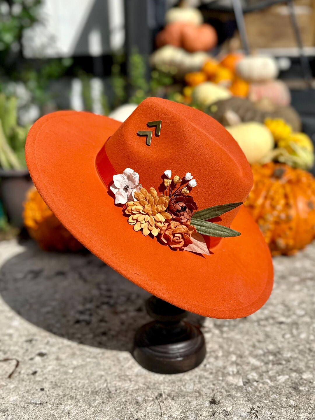 Fall Favorite Burnt Orange Hat With Floral Band Rustic Brim Felt Hat ...
