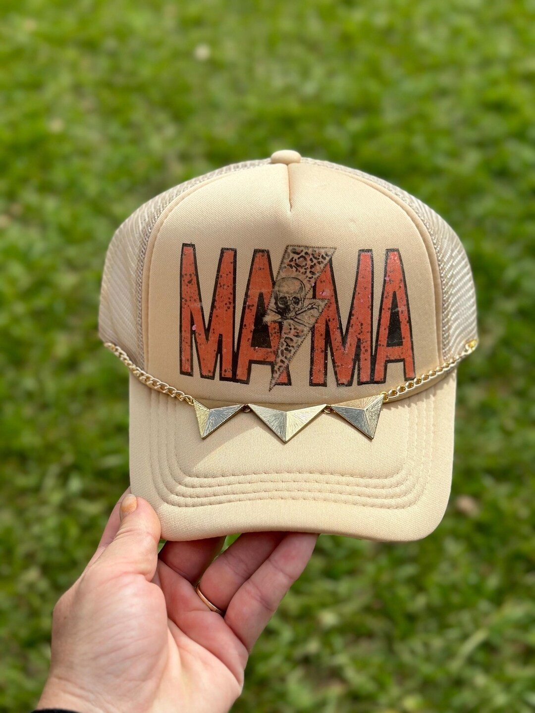 MAMA Otto Khaki Hat With Gold With Gold Pyramid Stud Hat Chain Trucker ...