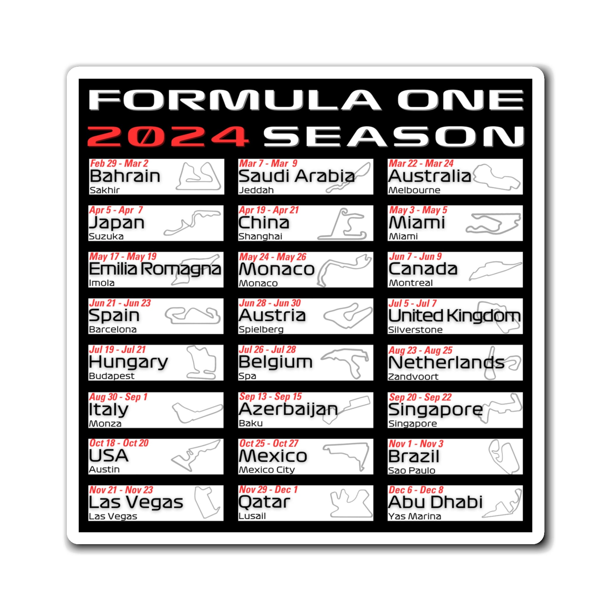 Formula 1 2024 Formula 1 Calendar Formula 1 Magnet Formula 1 Gift ...