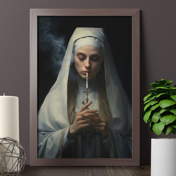 Sacred Vices Nun With Cigarette and Golden Cross Digital Wall Art Print ...