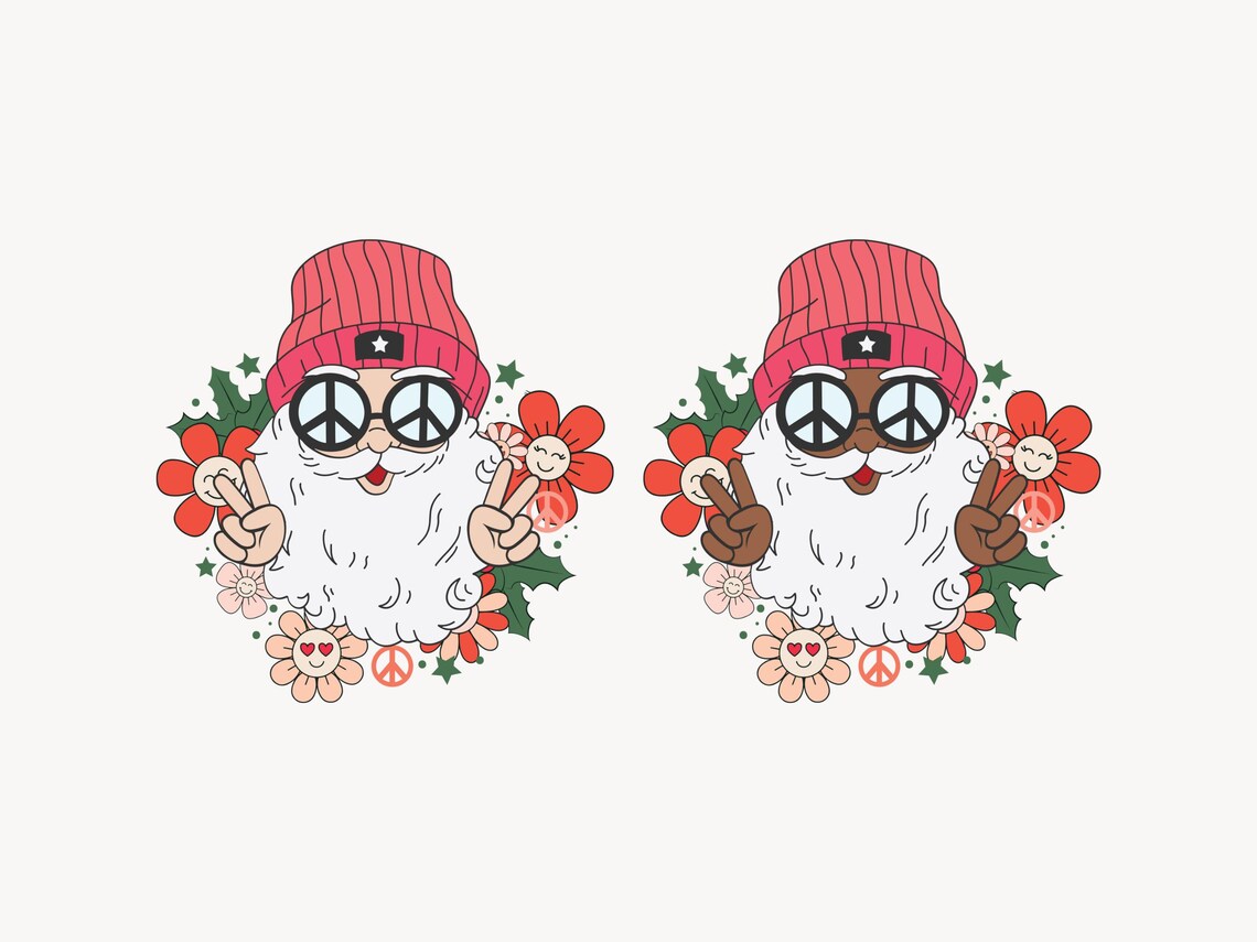 Hippie Santa PNG BUNDLE, Black Santa Png, Peace Signs Santa Png, Retro ...