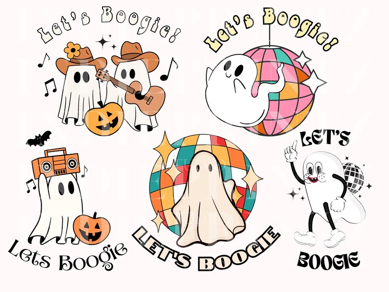 Retro Ghost Let's Boogie PNG Bundle, Ghost Halloween Clipart, Cute ...