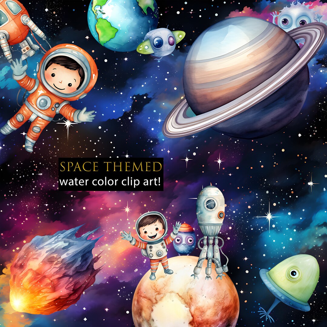 Watercolor Space Clip Art, Planets, Aliens, Rocket Ship, Astronaut, and ...