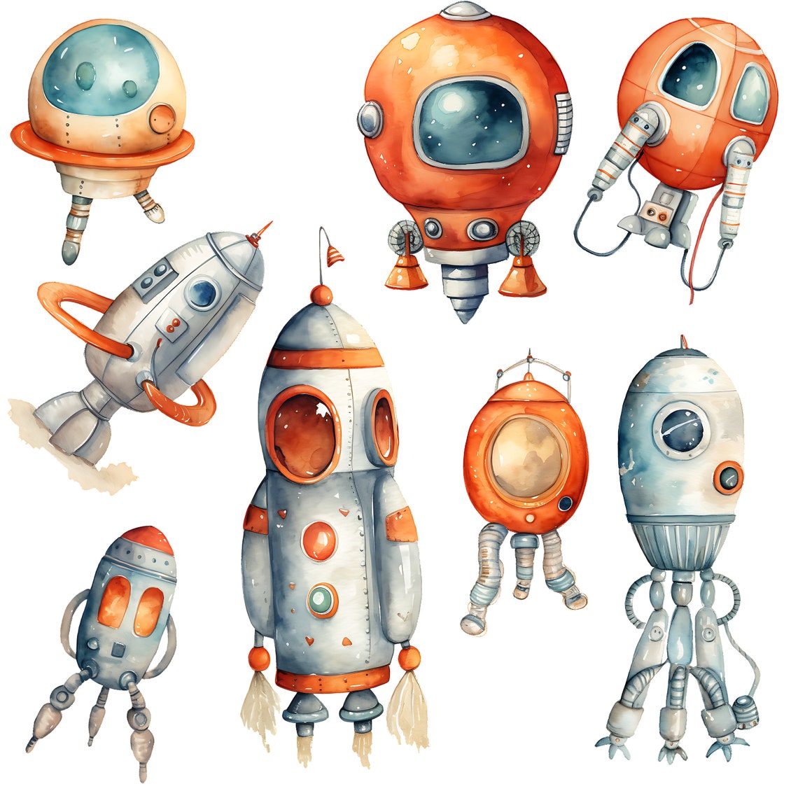 Watercolor Space Clip Art, Planets, Aliens, Rocket Ship, Astronaut, and ...