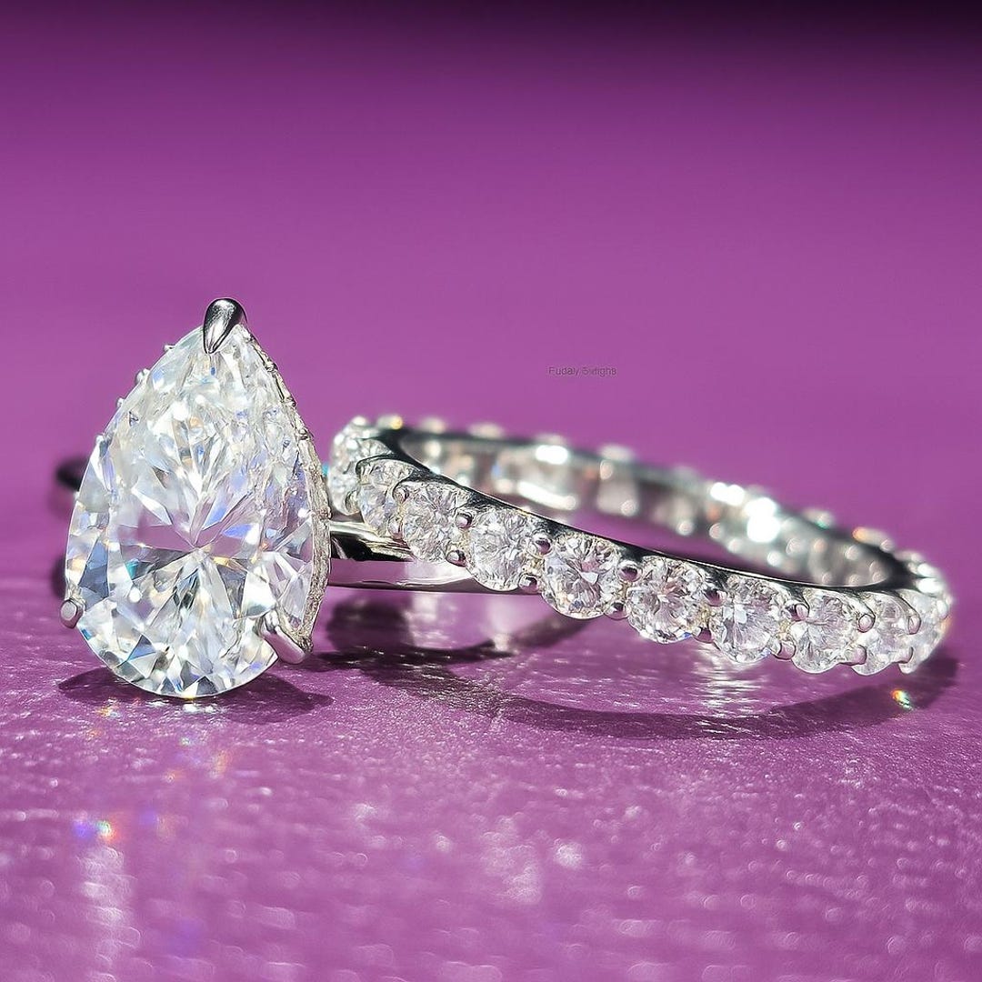 5 CT Moissanite Pear Cut Engagement Ring With Round Matching Band 14K ...