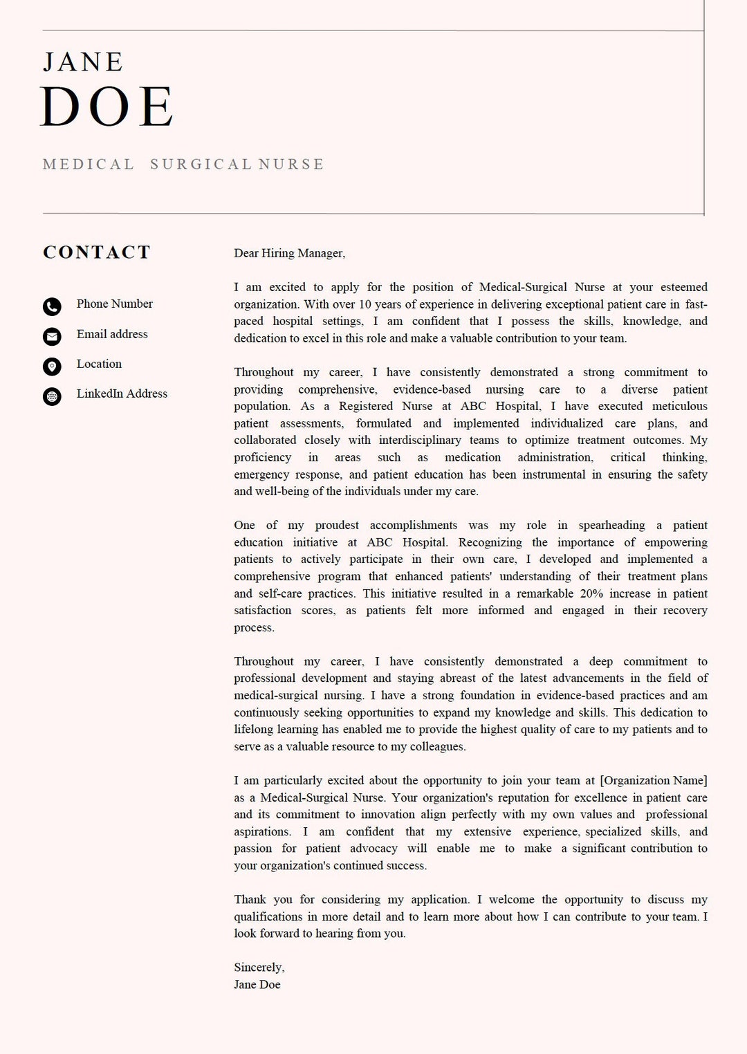 Medical Surgical Cover Letter - Etsy