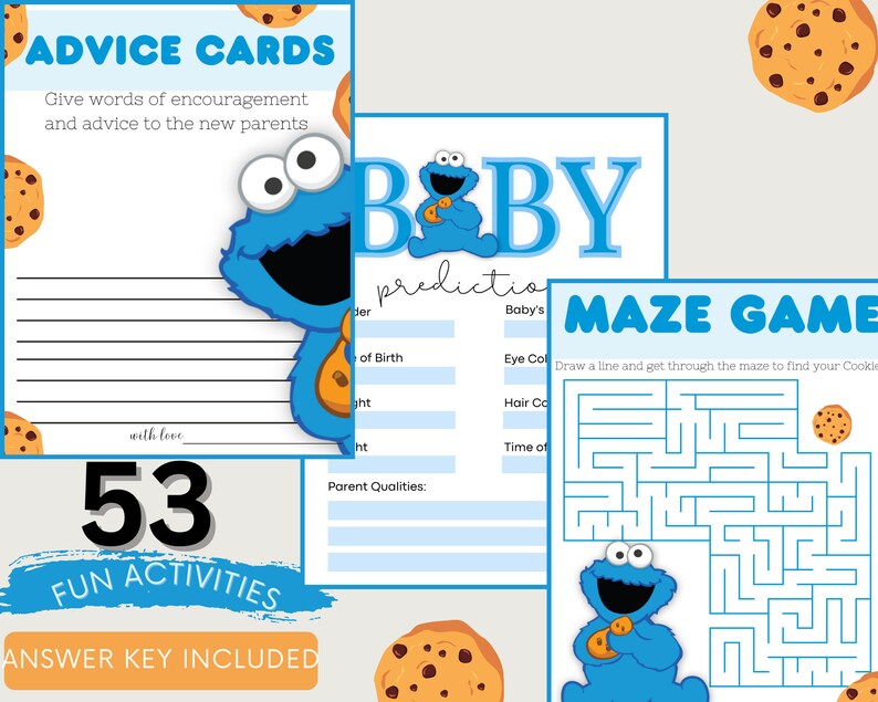 Cookie Monster Baby Shower Game Activities Bundle, Party Games ...