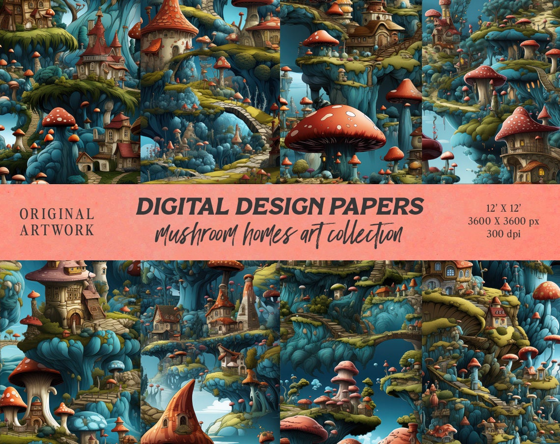 Mushroom Village Digital Paper - Scrapbook Papers - Seamless Pattern ...