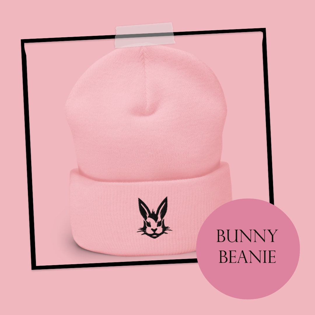 Bunny Theme Beanie, Cuffed Beanie, Streetwear, Pink Beanie, White ...