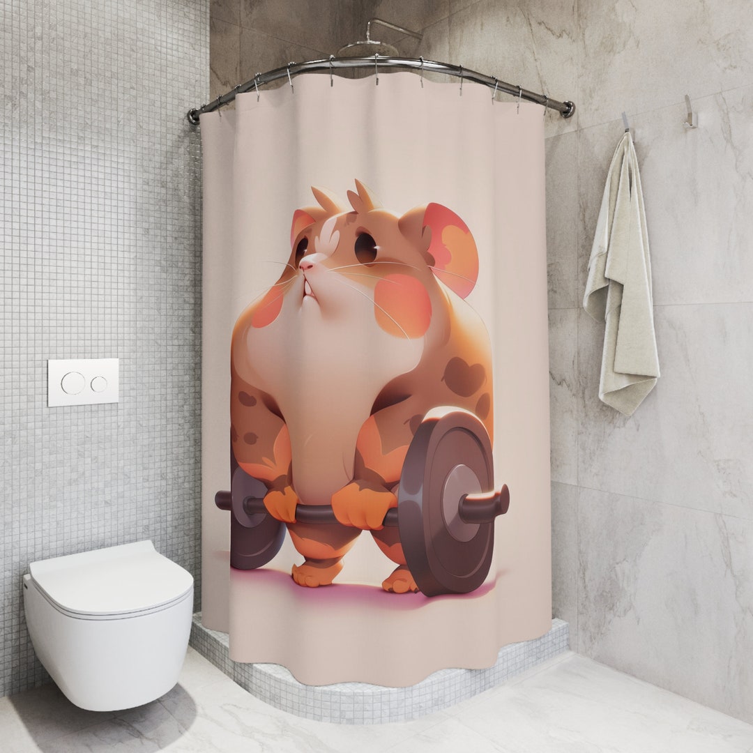 Cute Powerlifting Hamsterr Shower Curtain Chibi Pet Bath Curtain Kawaii ...