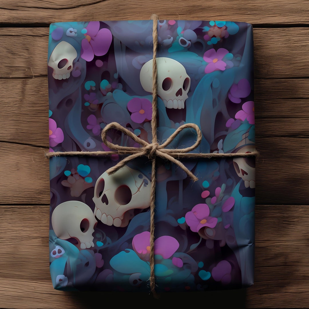 Cute Gothic Skulls and Candles Wrapping Paper, Dark Fantasy Gift Wrap ...
