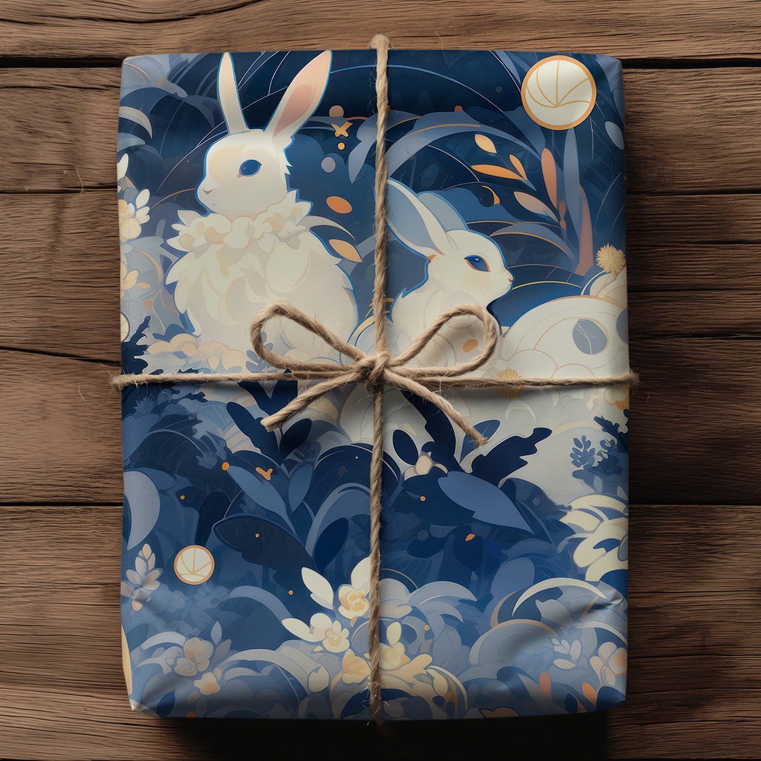 Cute Bunny Gift Wrap Paper Birthday Kawaii Rabbit in Mystical Field ...