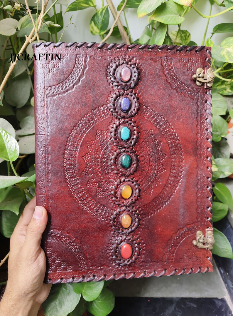 Leather 4 Ring Binder , Seven Stone Chakra Leather Folder , Embossed ...