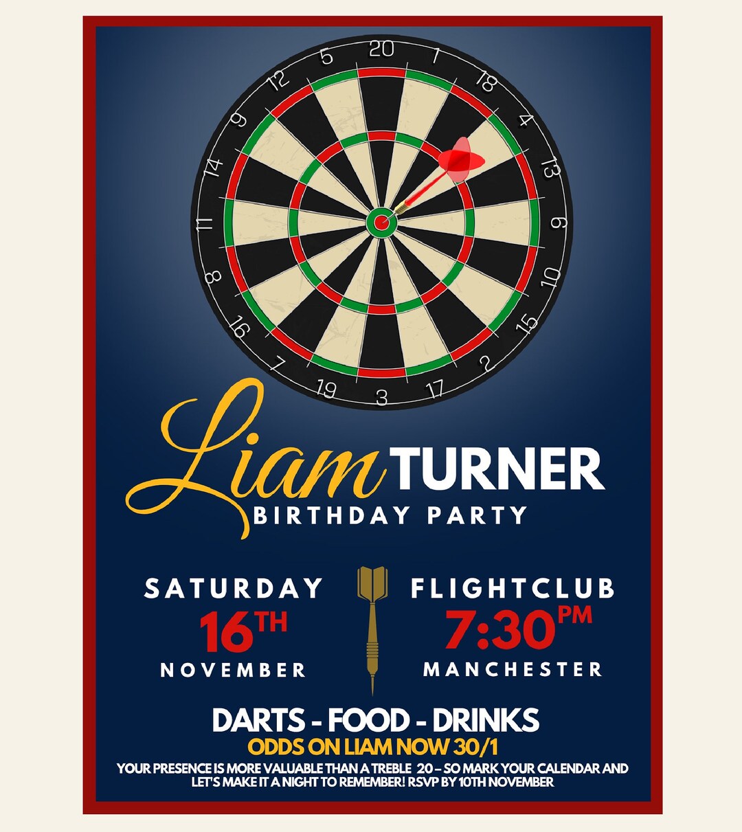 Custom Darts Themed Digital Birthday Invitation William Hill Inspired ...