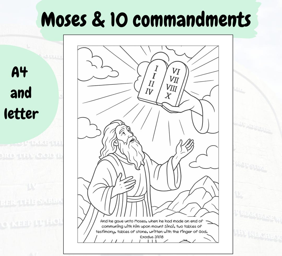 Moses and the 10 Commandments Coloring Page for Kids | Bible Coloring ...