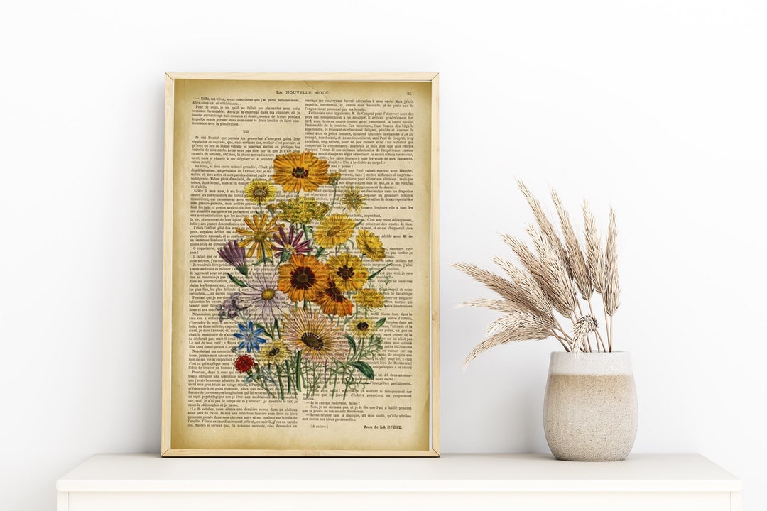 Botanical Flower Poster on an Old Book Page Flower Print Art - Etsy