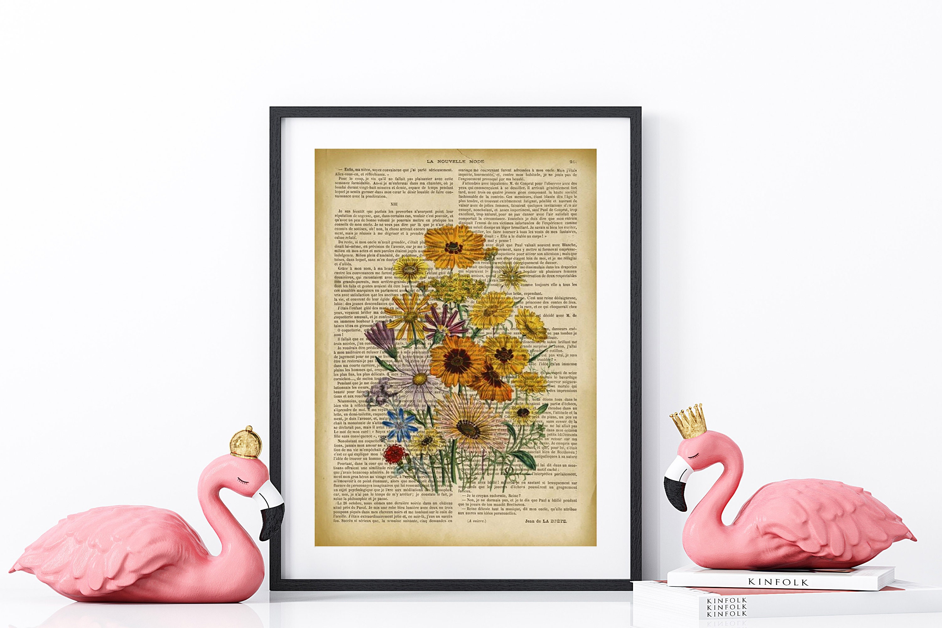 Botanical Flower Poster on an Old Book Page Flower Print Art - Etsy
