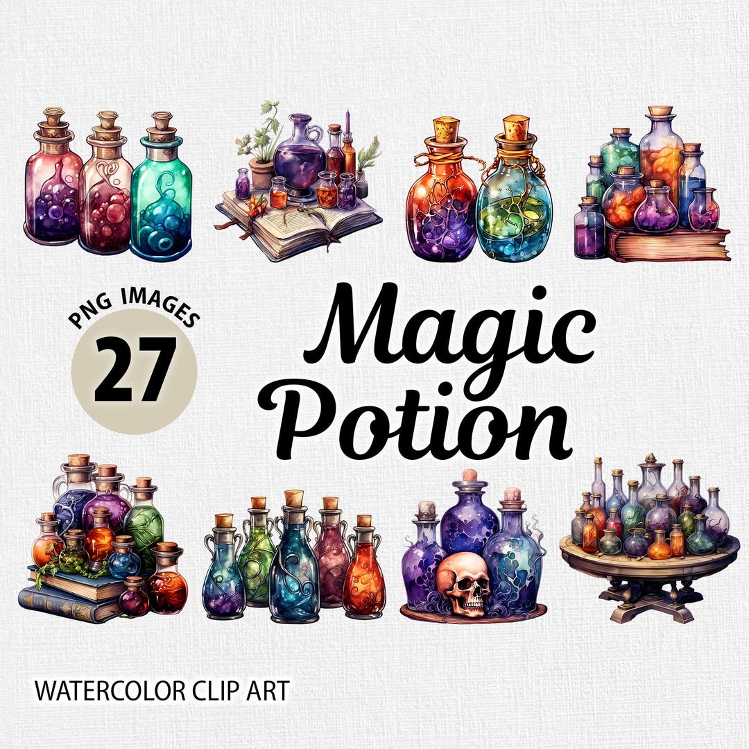Watercolor Halloween Potion Clipart: Magic Bottle PNG Bundle (digital ...
