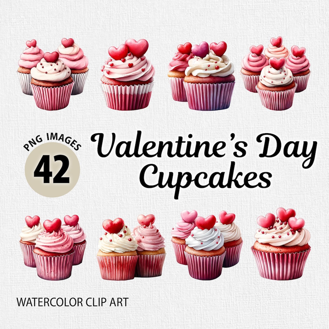 Watercolor Valentine's Day Cupcakes PNG Bundle, Valentine Cupcakes ...