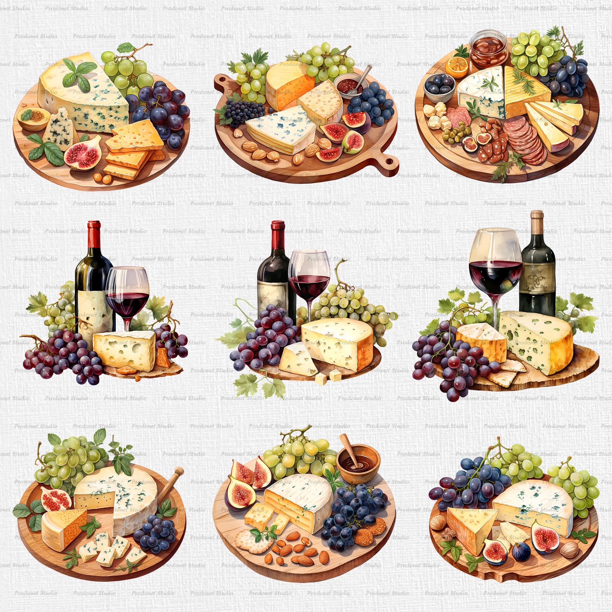 Watercolor Wine and Cheese PNG Clipart Bundle, Food Clipart, Cheese PNG ...
