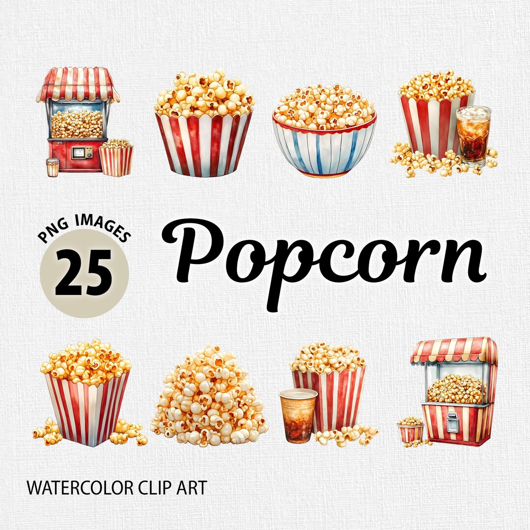 Watercolor Popcorn PNG Clipart Bundle, Food Clipart, Popcorn Night ...