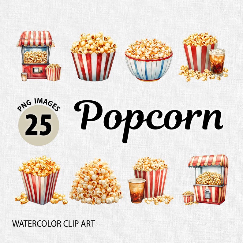 Watercolor Popcorn PNG Clipart Bundle, Food Clipart, Popcorn Night ...