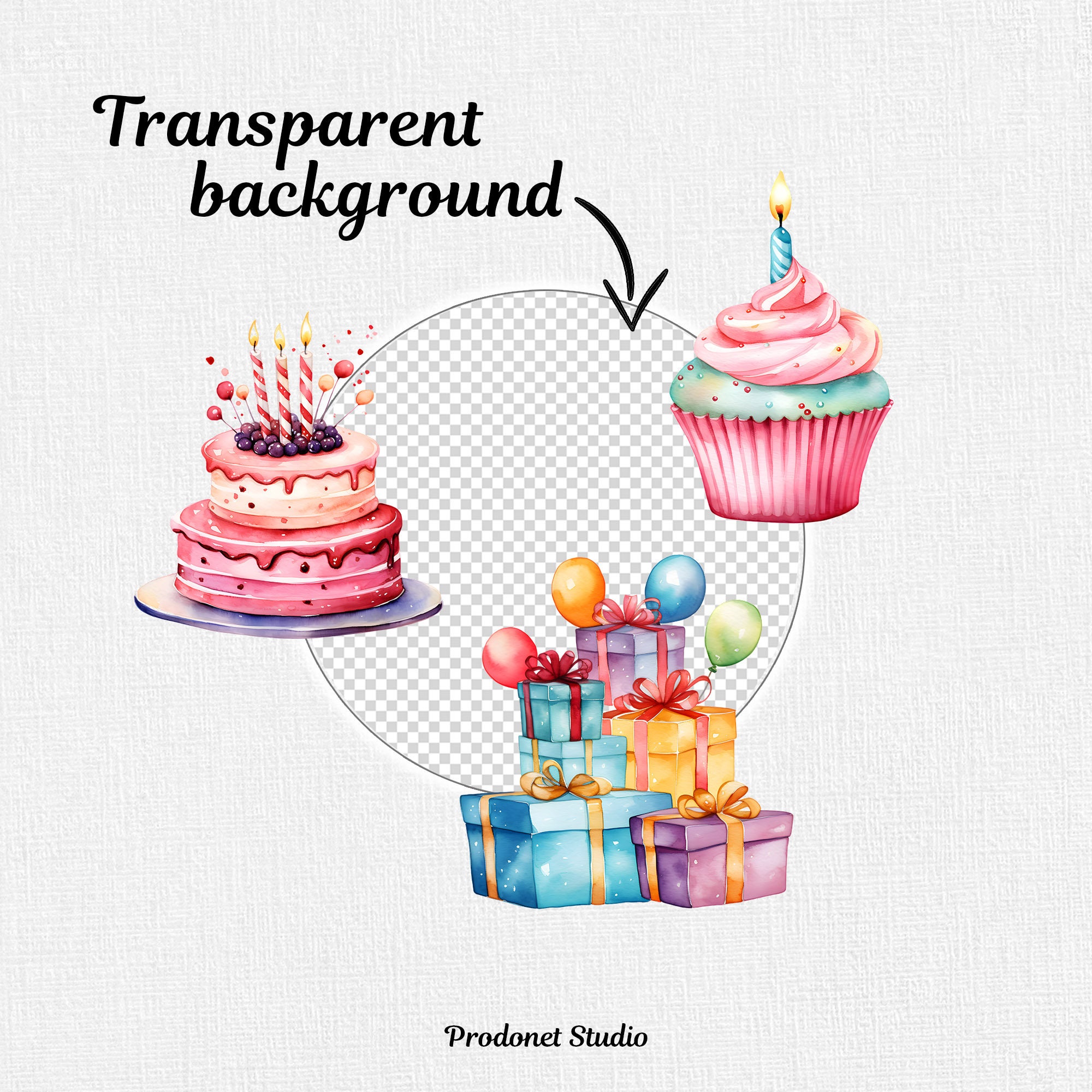 Birthday Clipart Bundle Watercolor, Cakes, Gift Boxes, Cupcakes 27 High ...