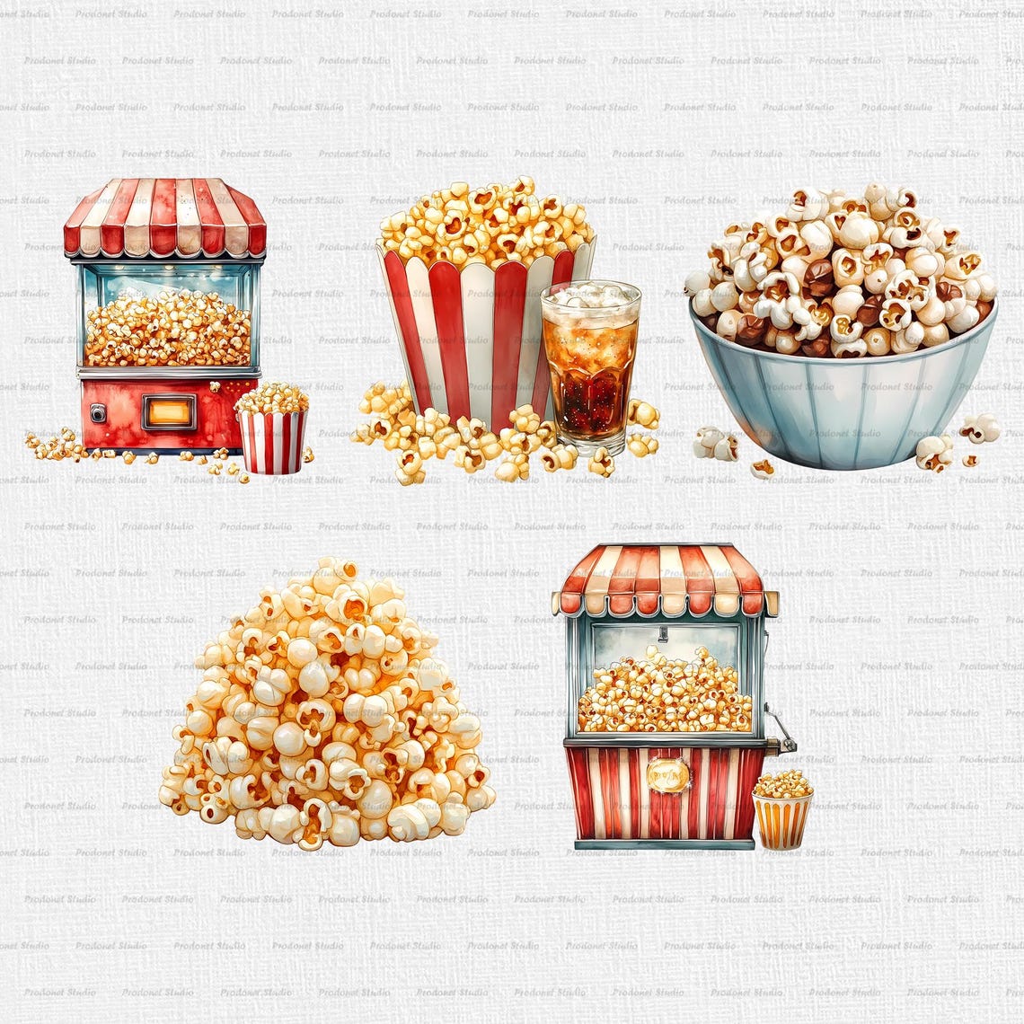 Watercolor Popcorn PNG Clipart Bundle, Food Clipart, Popcorn Night ...