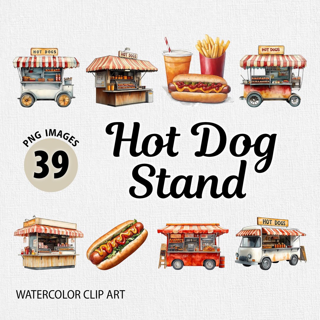 Watercolor Hot Dog Stand PNG Clipart Bundle, Food Clipart, Hot Dog PNG ...