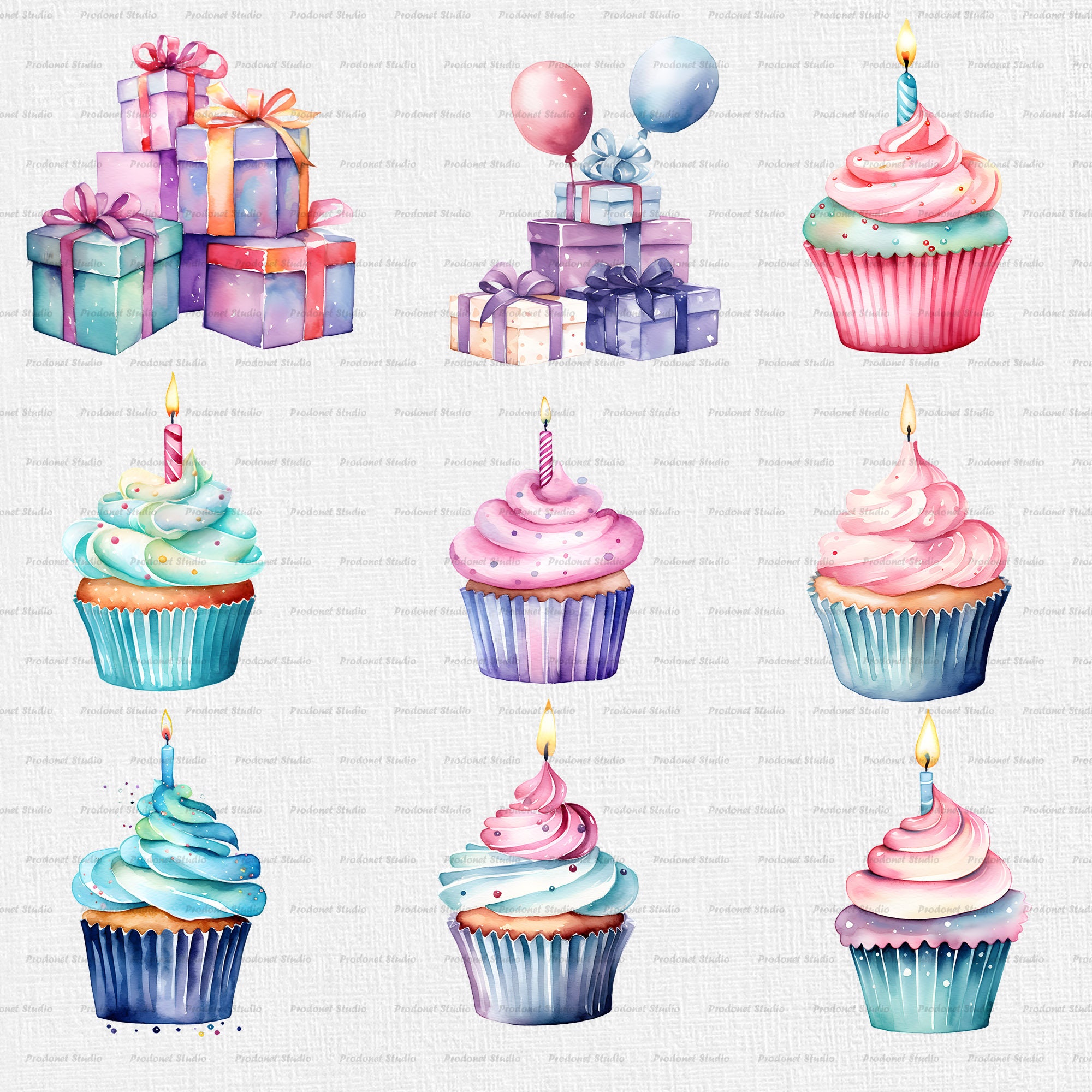 Birthday Clipart Bundle Watercolor, Cakes, Gift Boxes, Cupcakes 27 High ...