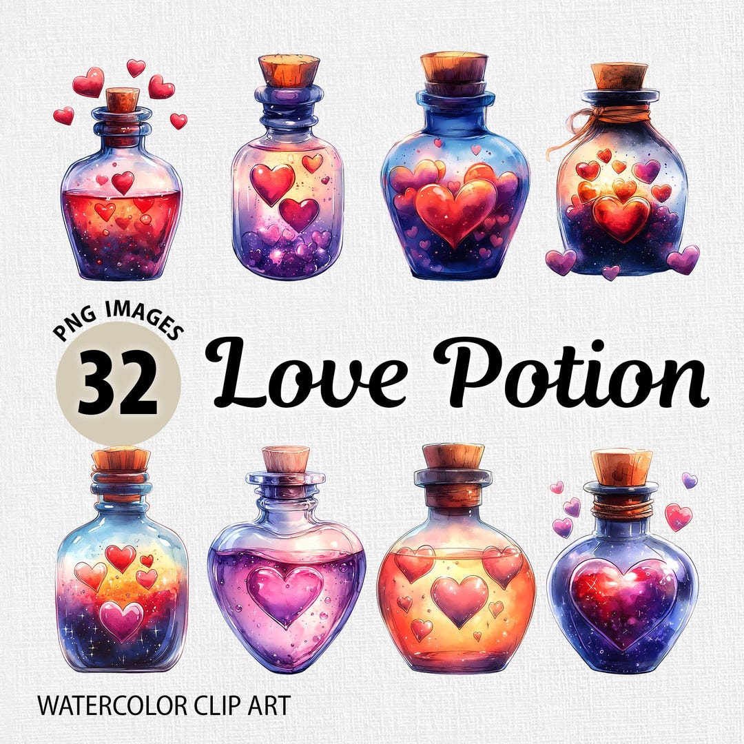 Watercolor Valentine’s Day Love Potion Bottle PNG Clipart Bundle, Love ...