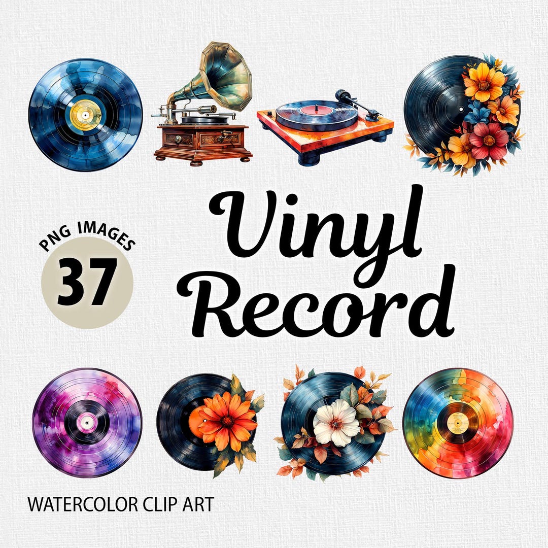 Watercolor Vinyl Record PNG Clipart Bundle, Watercolor Music Clipart ...