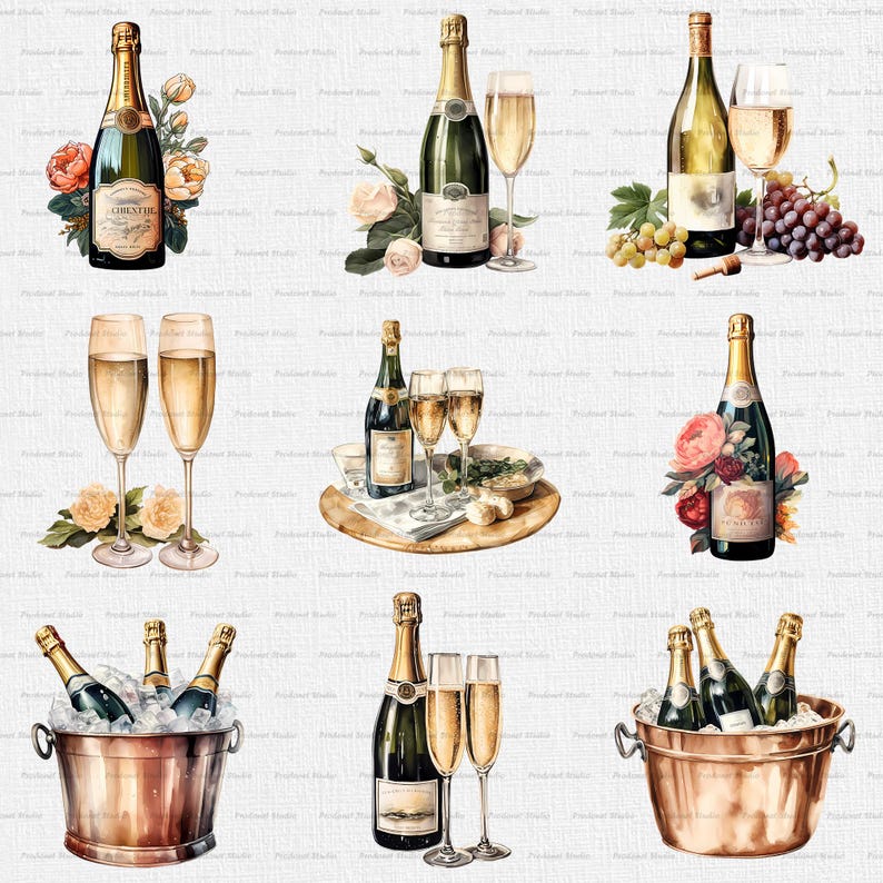 Watercolor Champagne PNG Clipart Bundle, New Year's Party Clipart ...