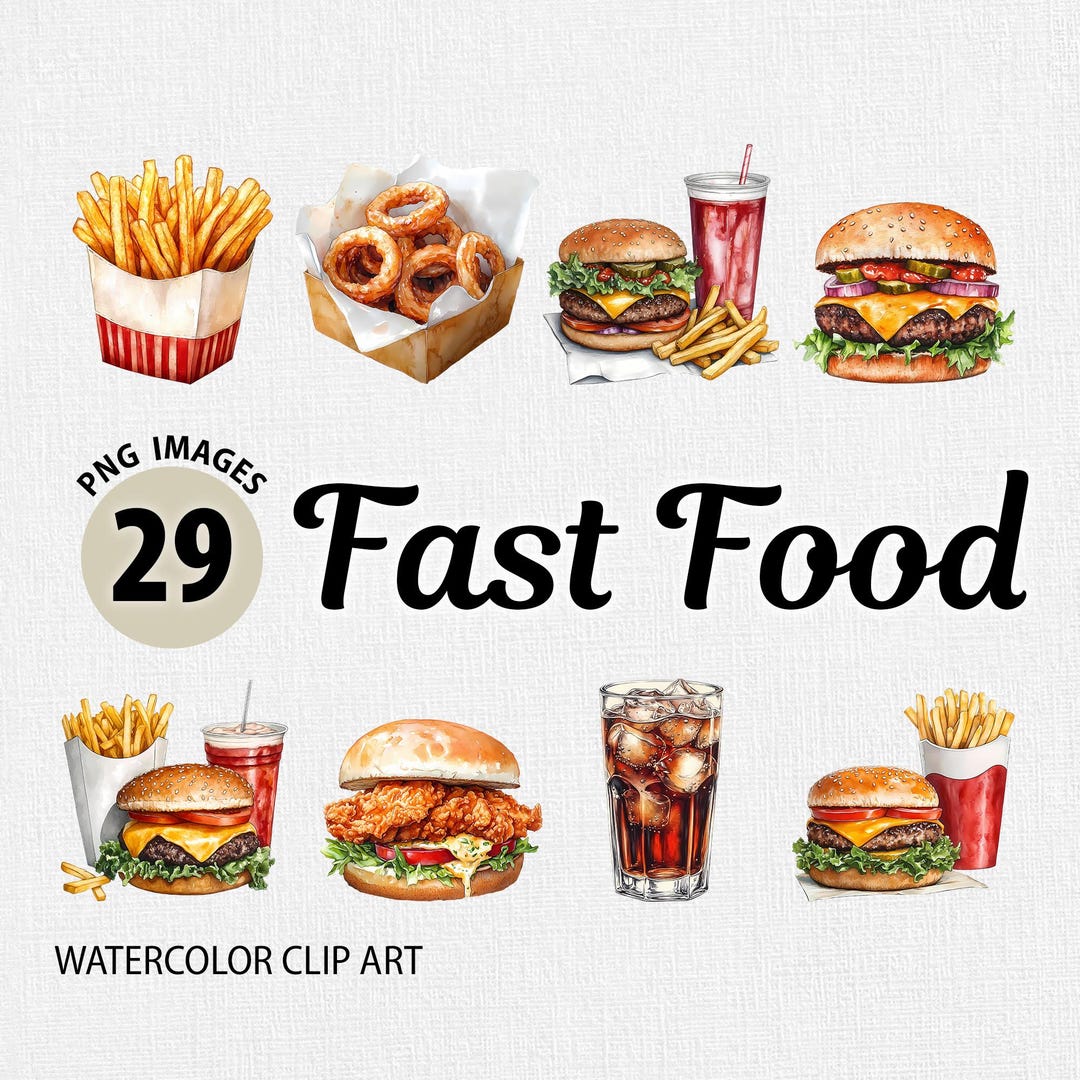Watercolor Fast Food PNG Clipart Bundle, Fast Food Clipart, Burger PNG ...