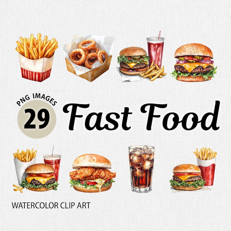 Watercolor Fast Food PNG Clipart Bundle, Fast Food Clipart, Burger PNG ...