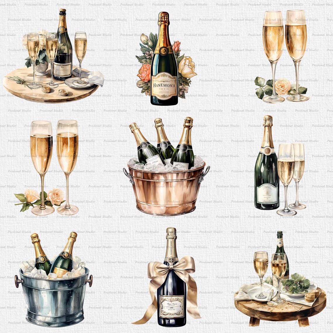 Watercolor Champagne PNG Clipart Bundle, New Year's Party Clipart ...
