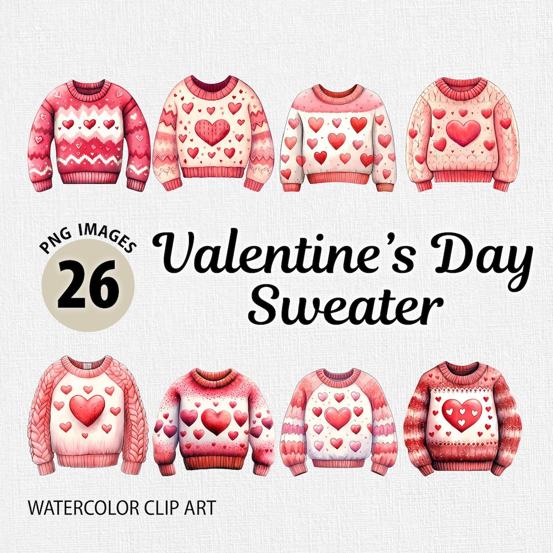 Watercolor Valentine’s Day Sweater PNG Clipart Bundle, Pink Jumper ...
