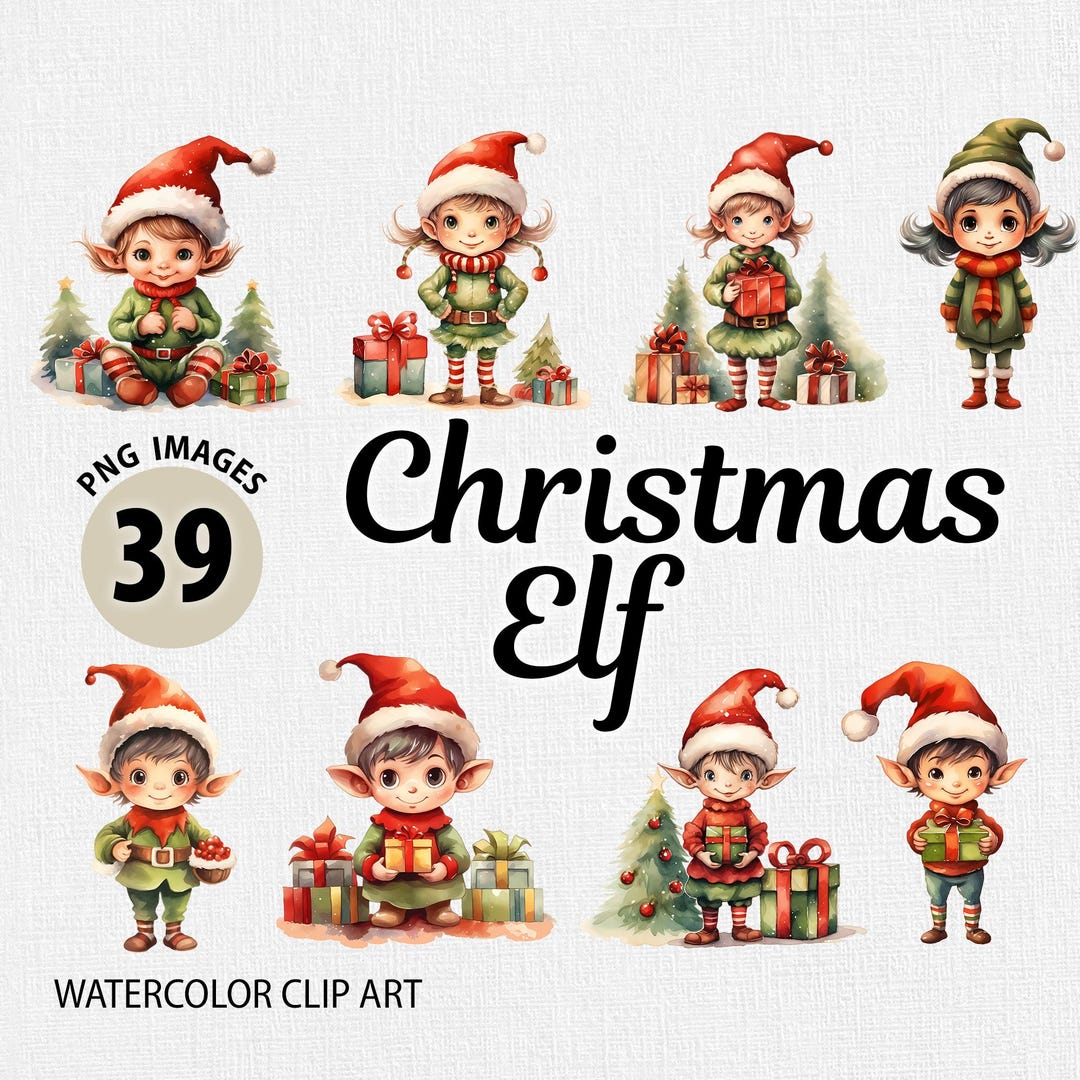 Watercolor Christmas Elf PNG Bundle, Transparent Background, DIY ...