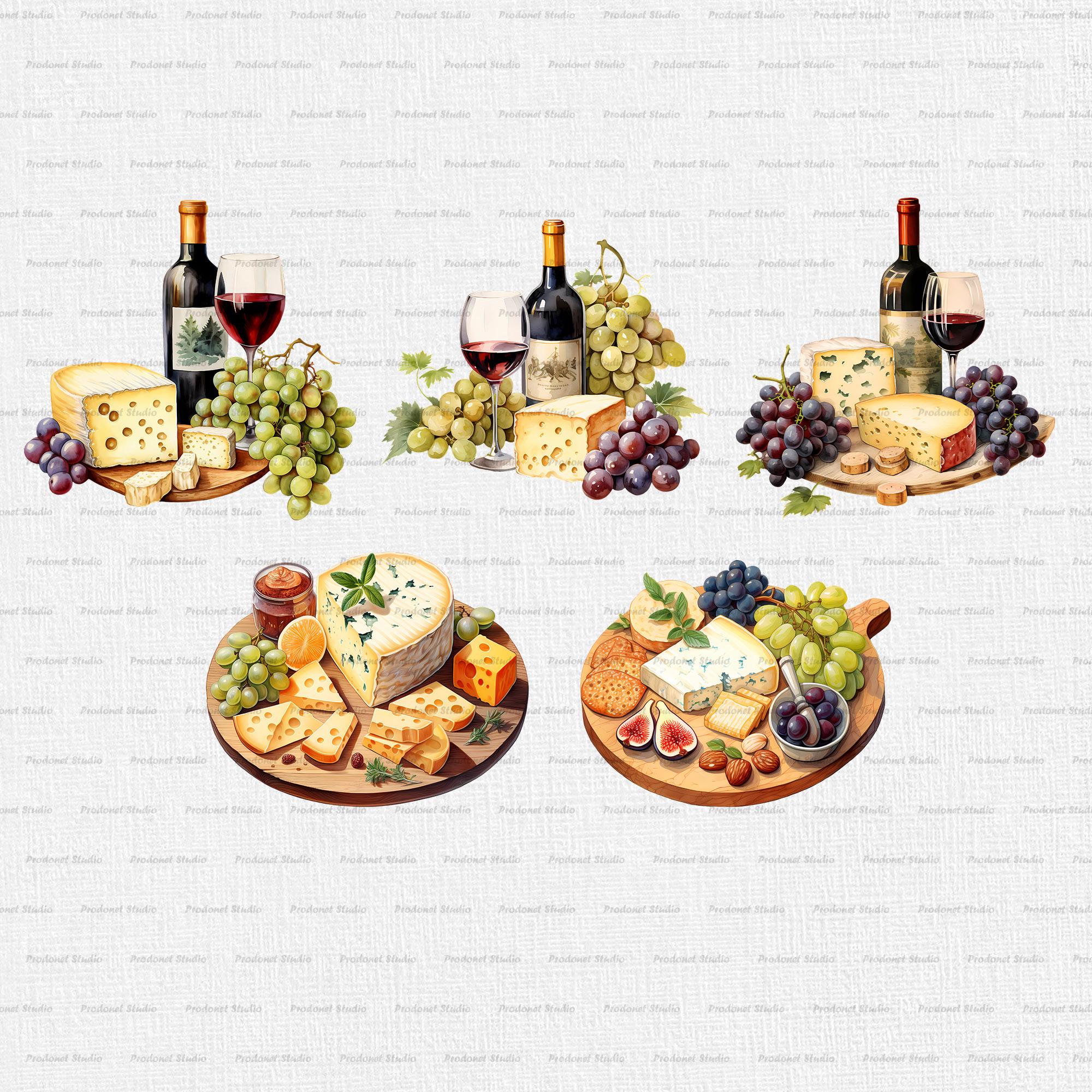 Watercolor Wine and Cheese PNG Clipart Bundle, Food Clipart, Cheese PNG ...