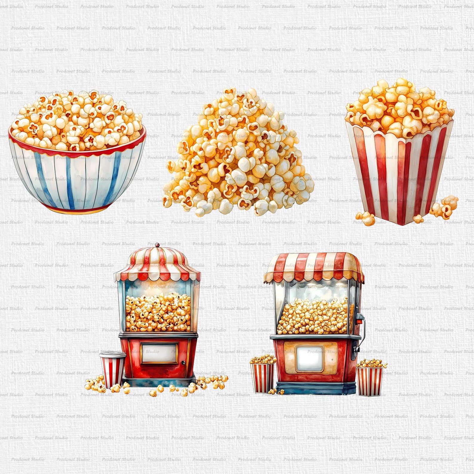 Watercolor Popcorn PNG Clipart Bundle, Food Clipart, Popcorn Night ...