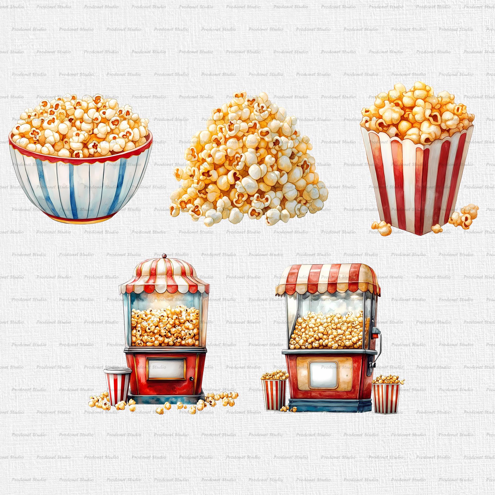 Watercolor Popcorn PNG Clipart Bundle, Food Clipart, Popcorn Night ...