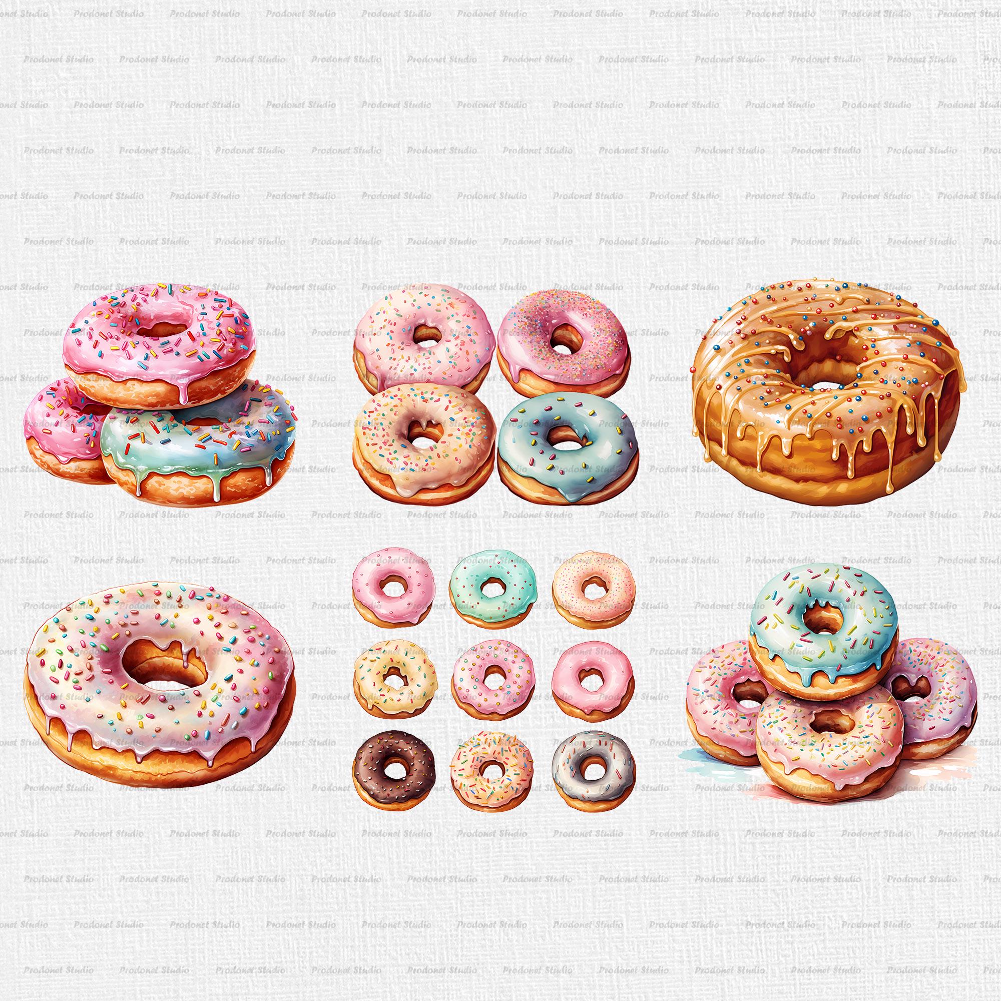 Donut Clipart Bundle, Watercolor Donut PNG Bundle, Dessert Clipart ...
