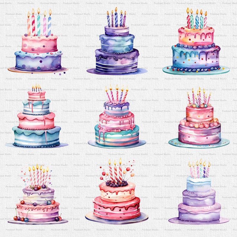 Birthday Clipart Bundle Watercolor, Cakes, Gift Boxes, Cupcakes 27 High ...