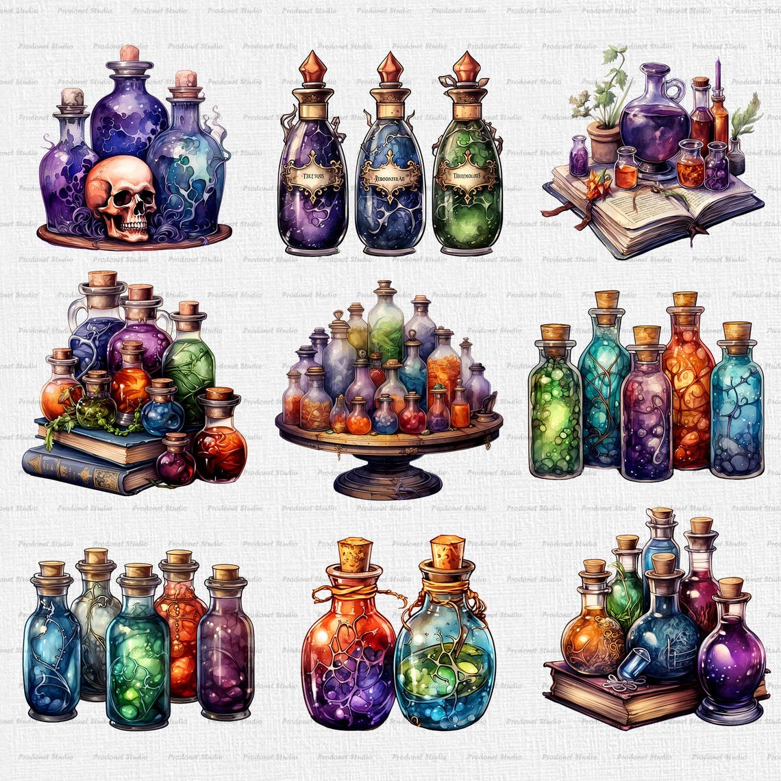 Watercolor Halloween Potion Clipart: Magic Bottle PNG Bundle (digital ...