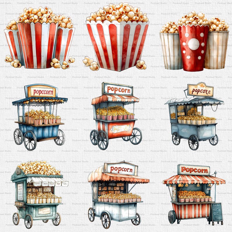 Watercolor Popcorn Stand PNG Clipart Bundle, Food Clipart, Popcorn PNG ...