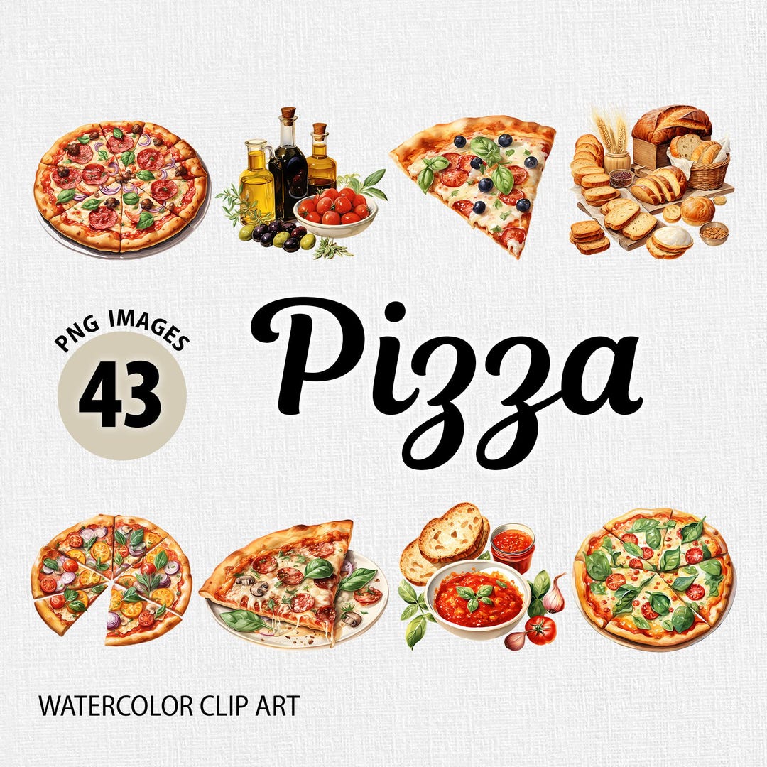 Watercolor Pizza PNG Clipart Bundle, Food Clipart, Italian Food PNG ...