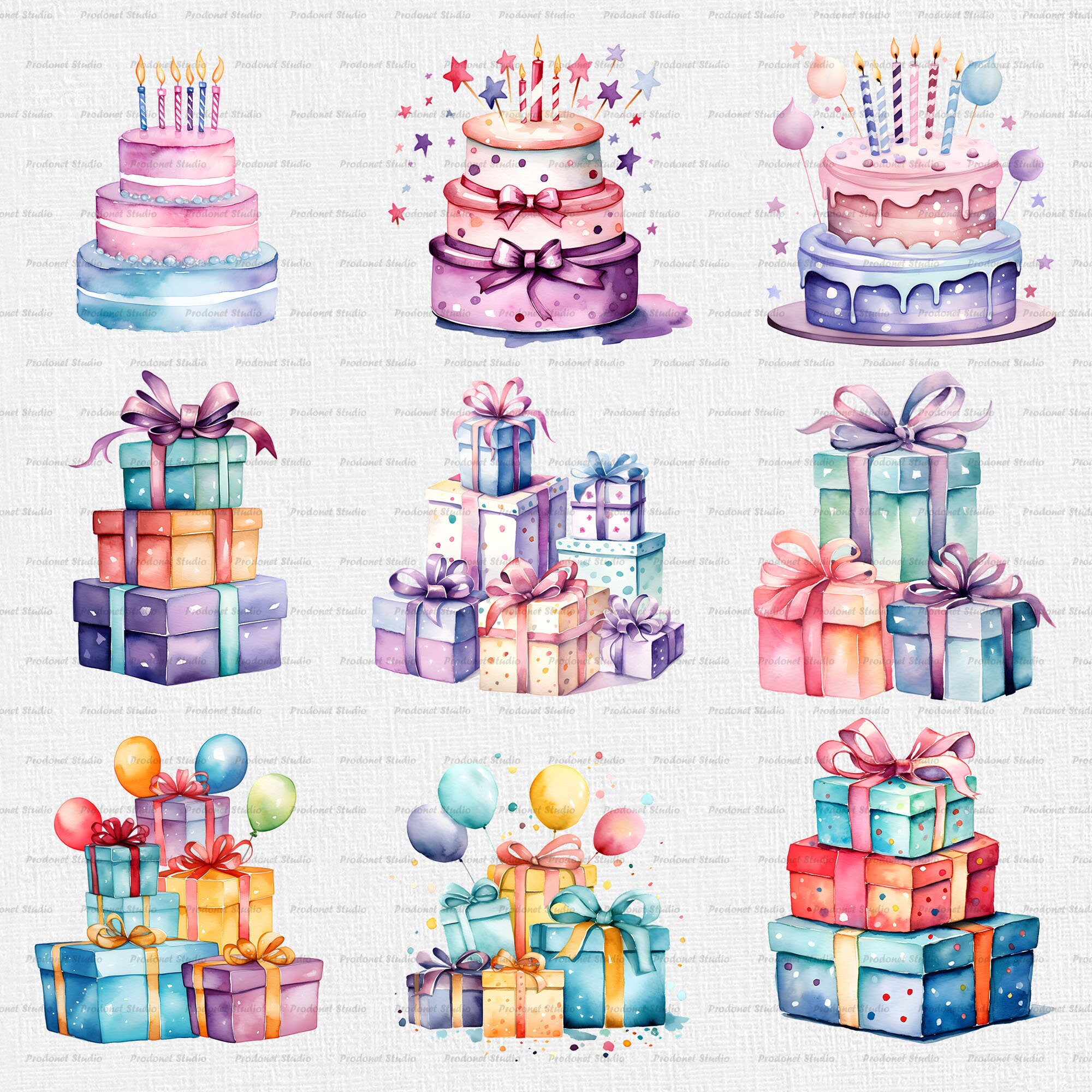 Birthday Clipart Bundle Watercolor, Cakes, Gift Boxes, Cupcakes 27 High ...