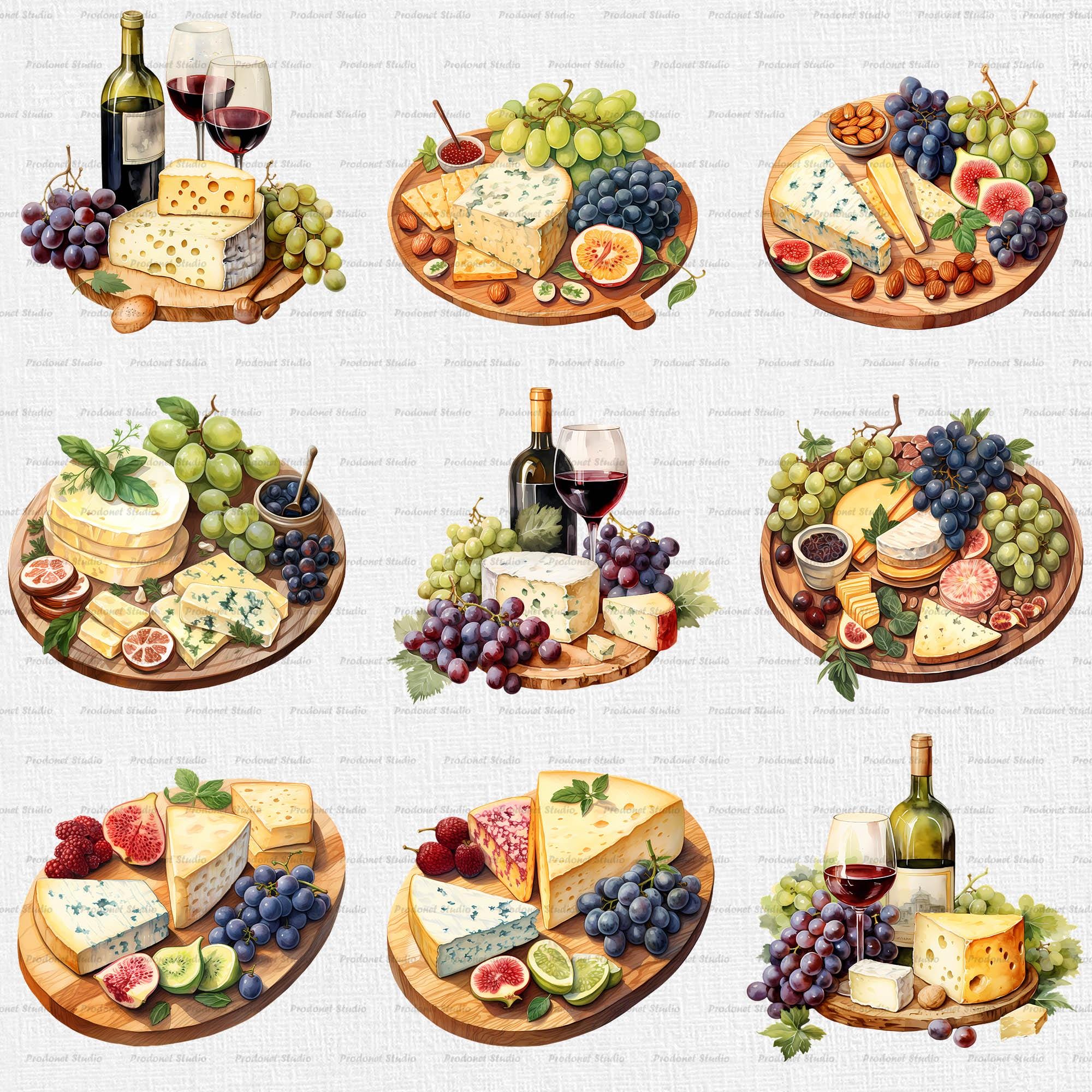 Watercolor Wine and Cheese PNG Clipart Bundle, Food Clipart, Cheese PNG ...